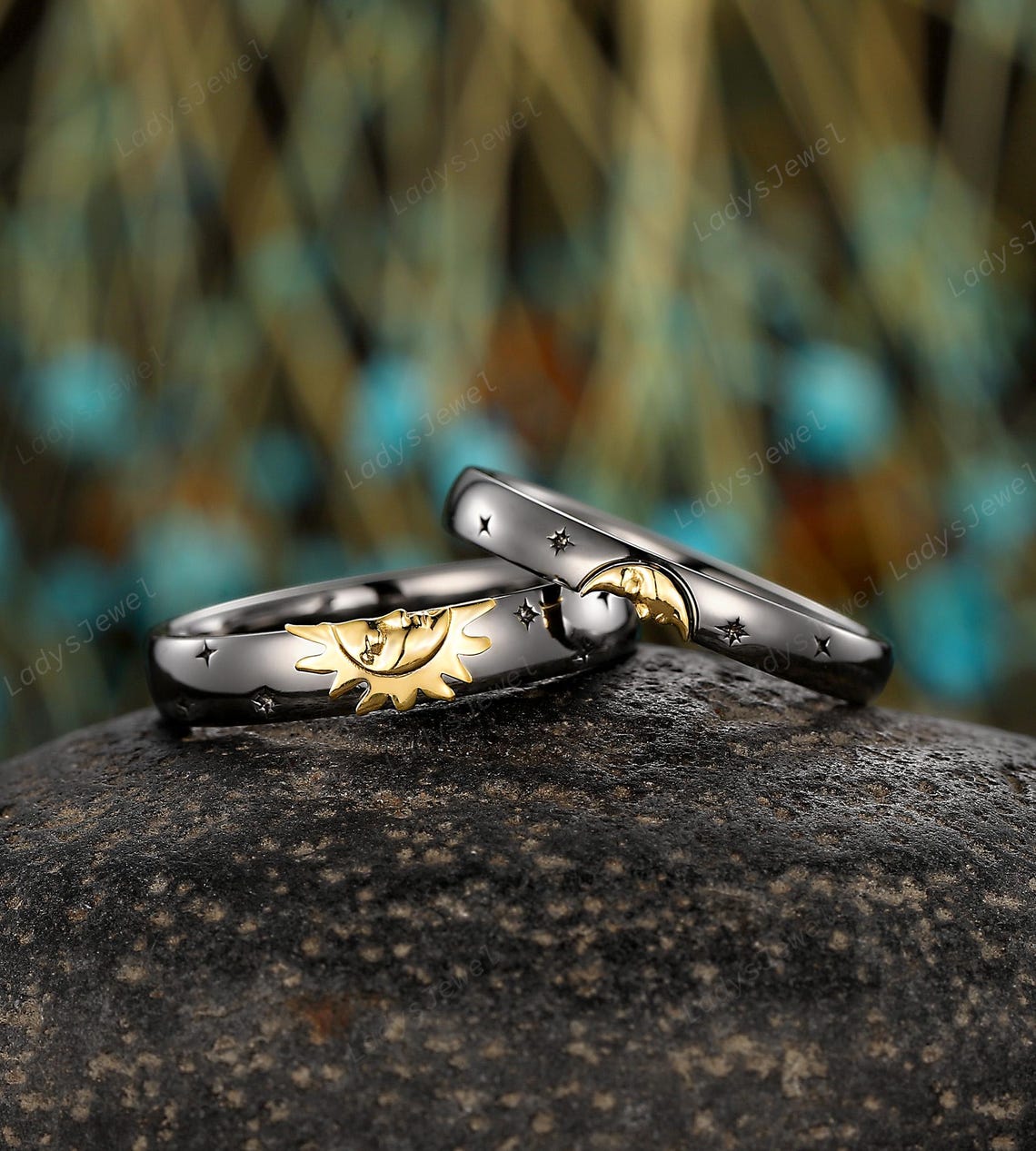 Gothic Sun and Moon His and Hers Wedding Band 14K Black Gold Crescent ...
