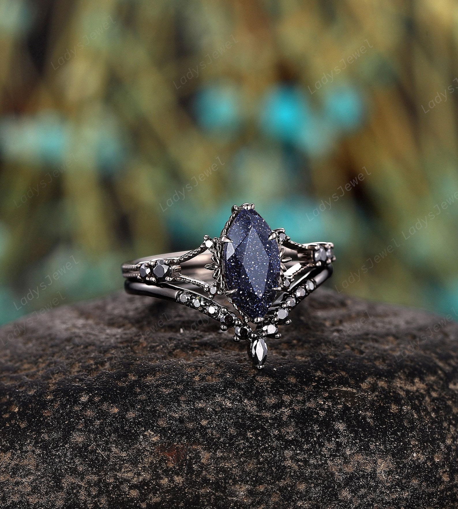 Orion Nebula Blue Sandstone Engagement Ring 14K Black Gold Marquise Cut ...