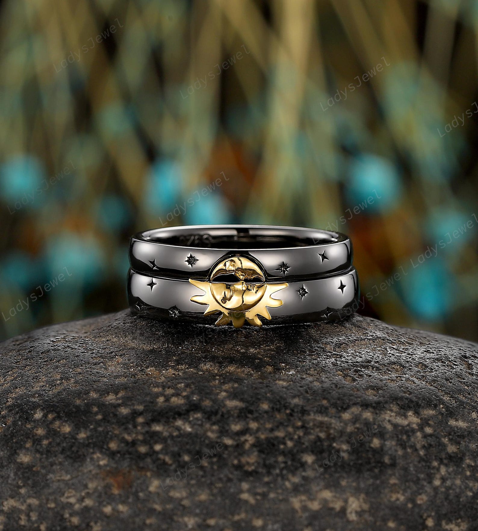 Gothic Sun and Moon His and Hers Wedding Band 14K Black Gold Crescent ...