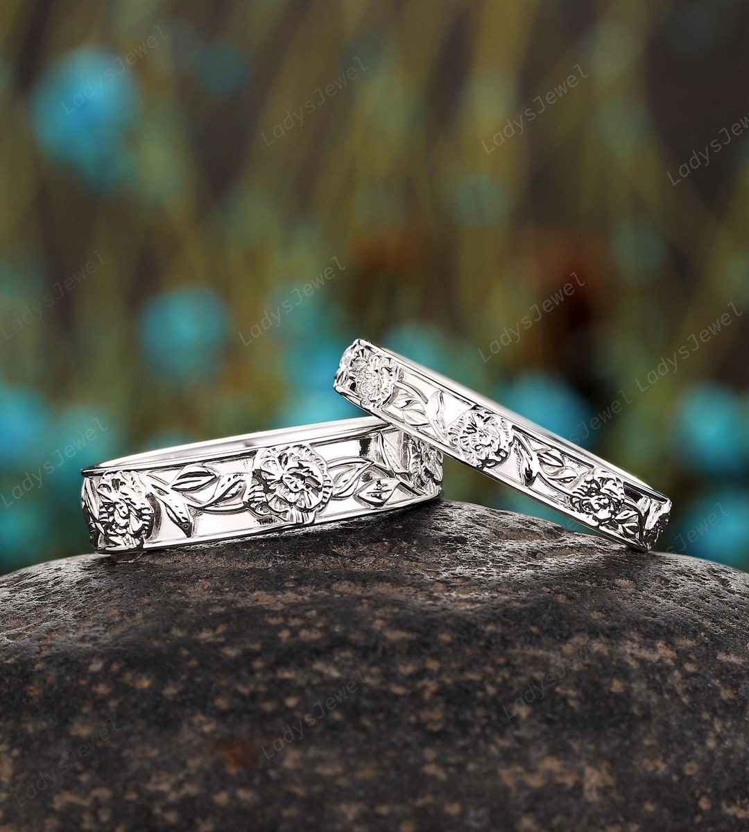 Platinum Carnation Floral His and Hers Wedding Bands January Birth ...