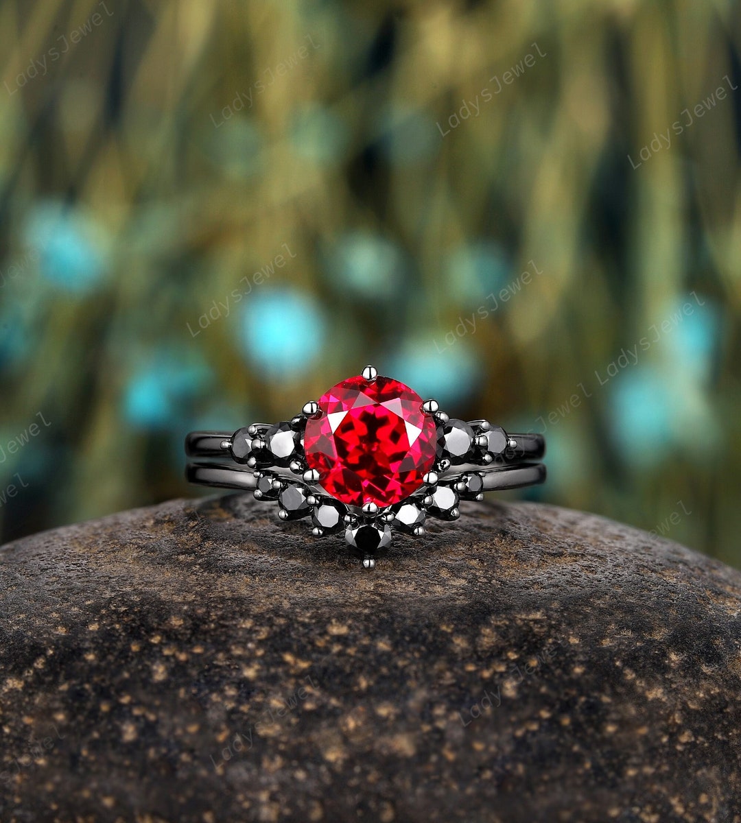 Witchy Black Gold Ruby Bridal Set, Unique Rhodium Black Ruby Engagement ...