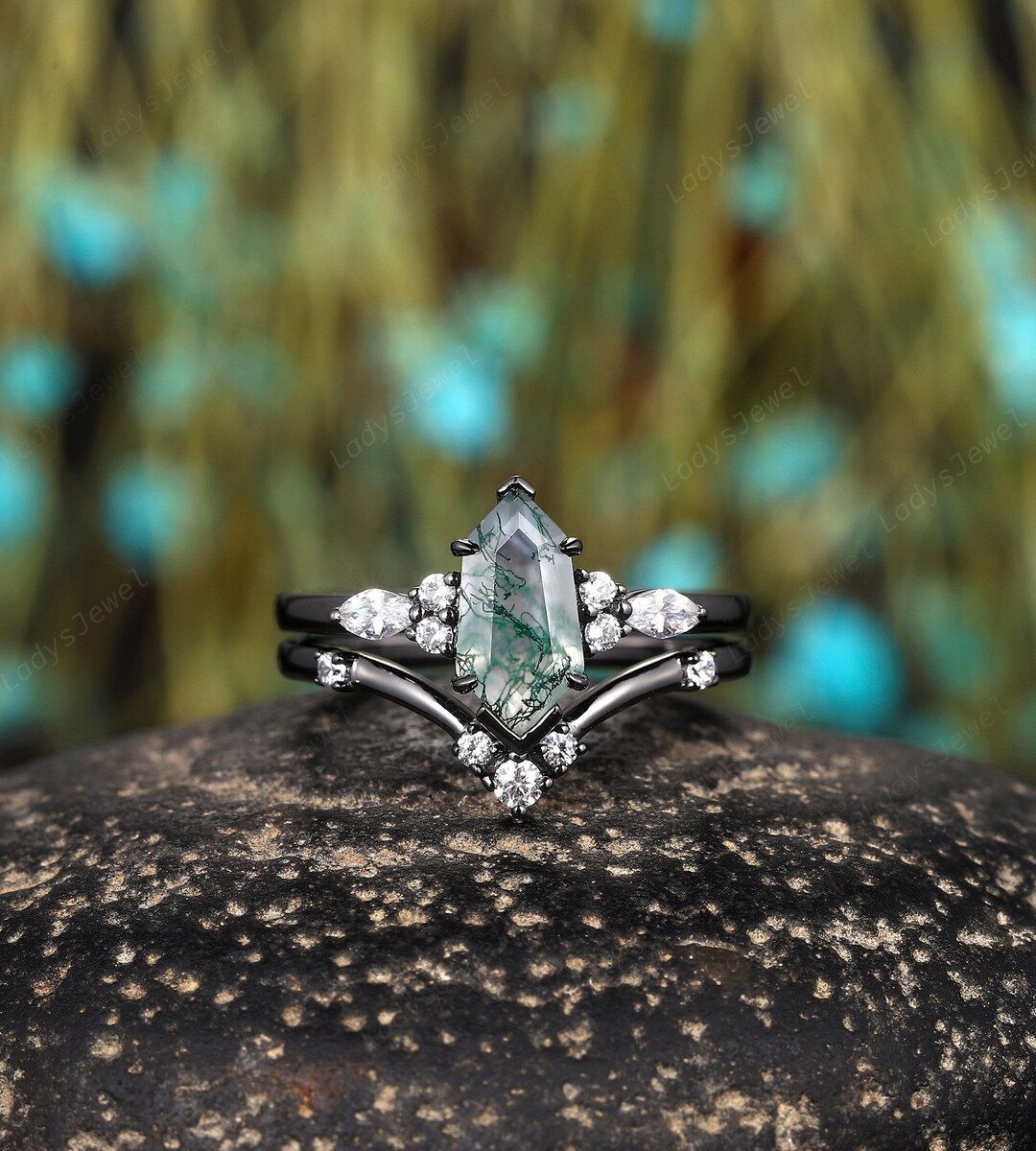 Gothic Shield Cut Moss Agate Engagement Ring Rhodium Black Gold Natural ...