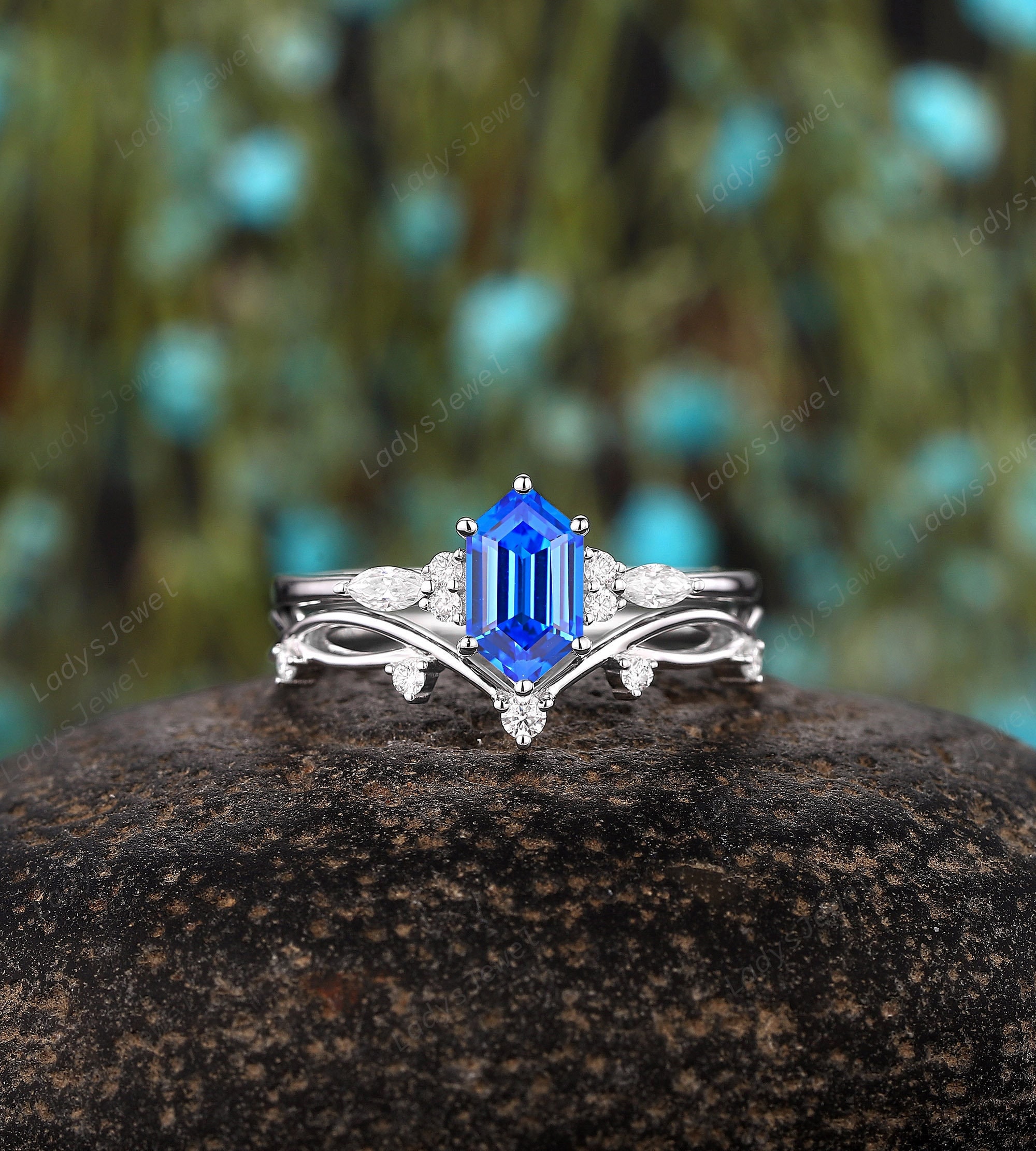 Long Hexagon Blue Spinel Engagement Ring Set, Vintage White Gold ...