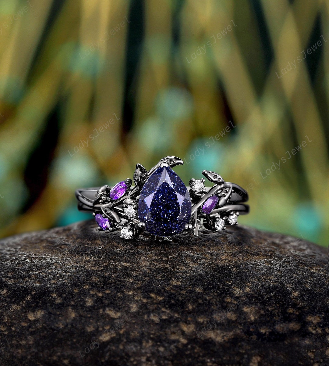 Orion Nebula Blue Sandstone Gothic Bridal Set, Rhodium Black Gold ...