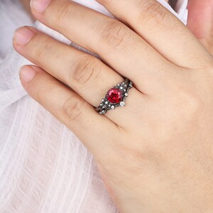 Gothic Black Gold Ruby Bridal Set Unique Floral Engagement Wedding ...