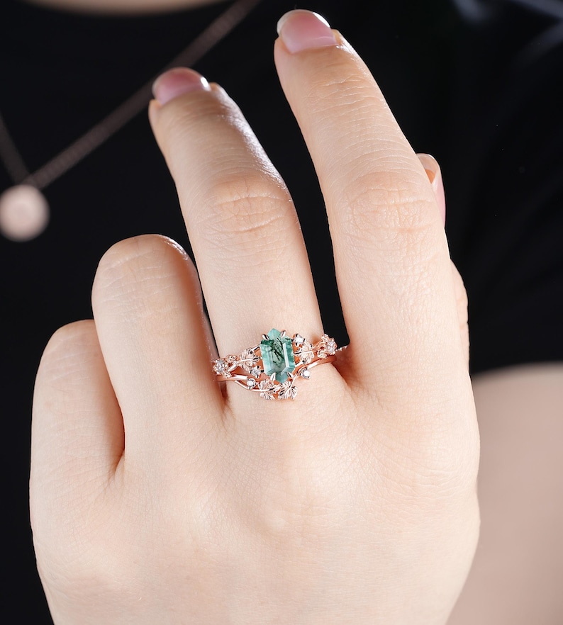 Long Hexagon Cut Moss Agate Engagement Ring Vintage 14K Rose Gold Maple ...