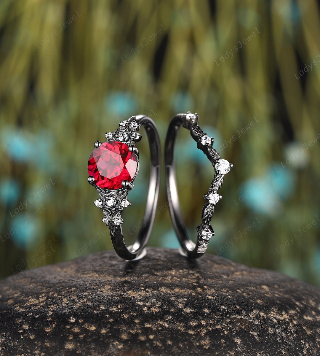 Black Gold Ruby Bridal Set, Unique Rhodium Black Floral Engagement ...