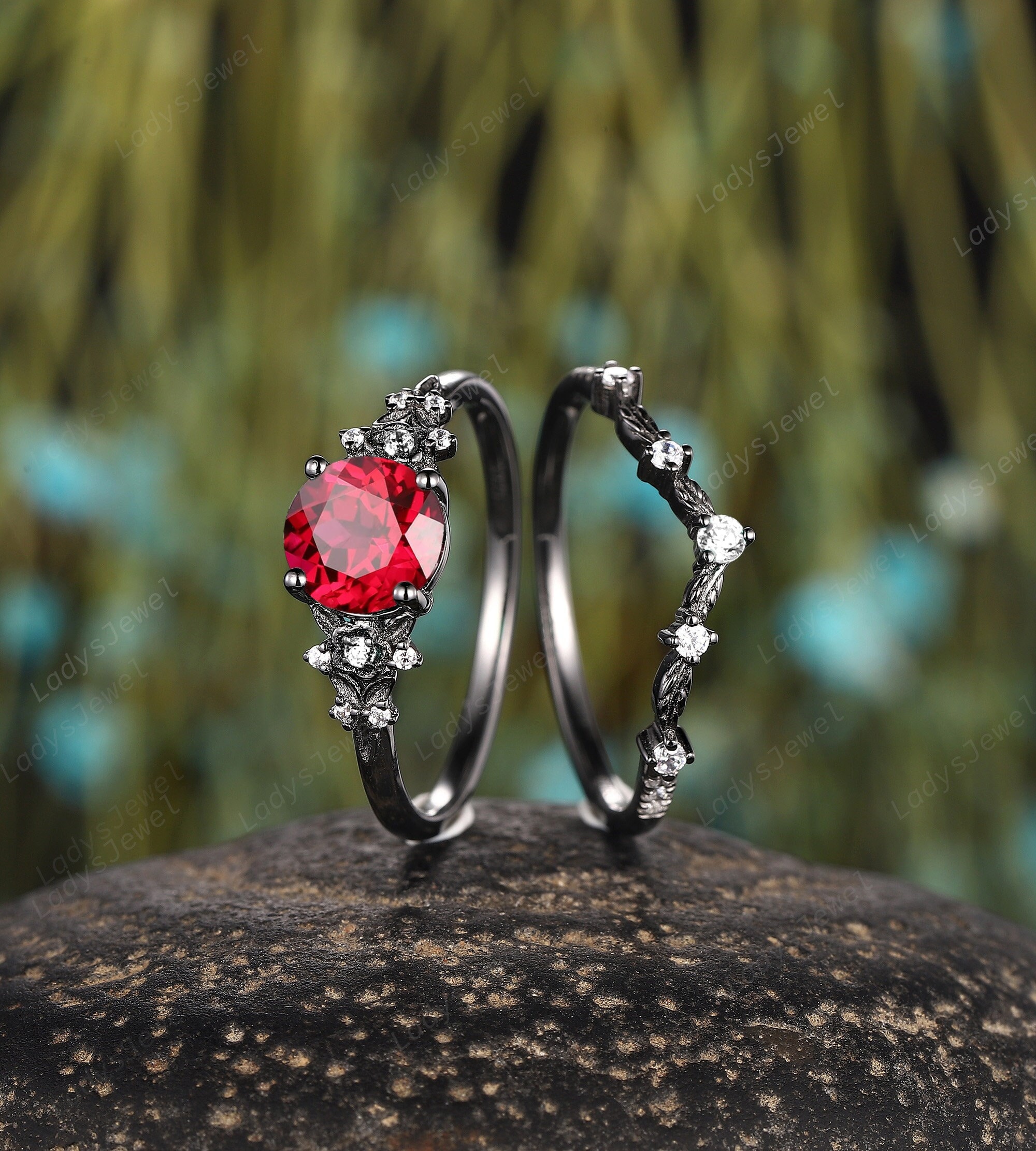 Black Gold Ruby Bridal Set, Unique Rhodium Black Floral Engagement ...