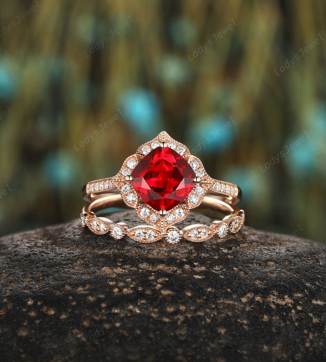 Vintage Cushion Cut Ruby Floral Engagement Ring Set, Rose Gold Ruby ...