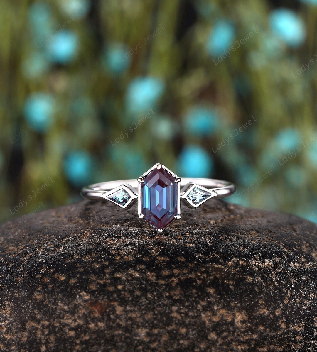 Vintage Long Hexagon Alexandrite Engagement Ring, White Gold ...