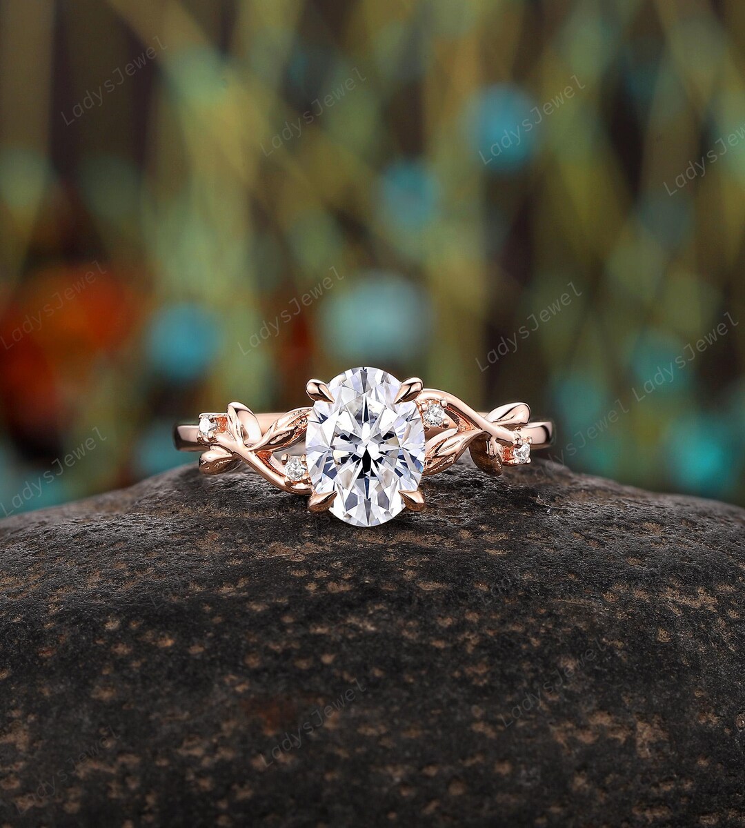 Oval Cut Moissanite and Diamond Engagement Ring Vintage 14K Rose Gold ...