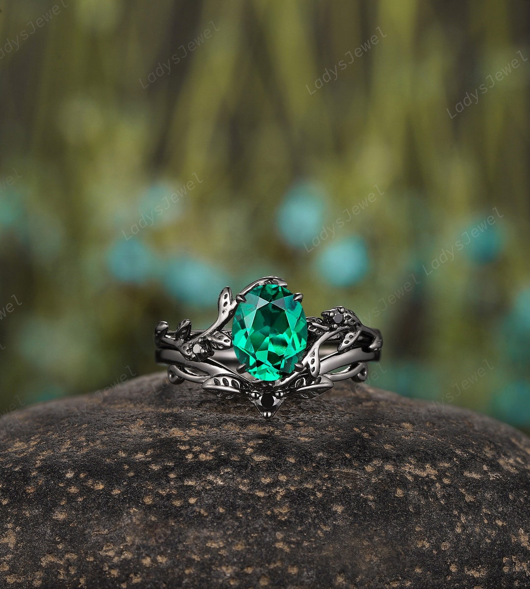 Gothic Emerald and Diamond Bridal Set, Oval Green Emerald Engagement Ring Set, Rhodium Black ...