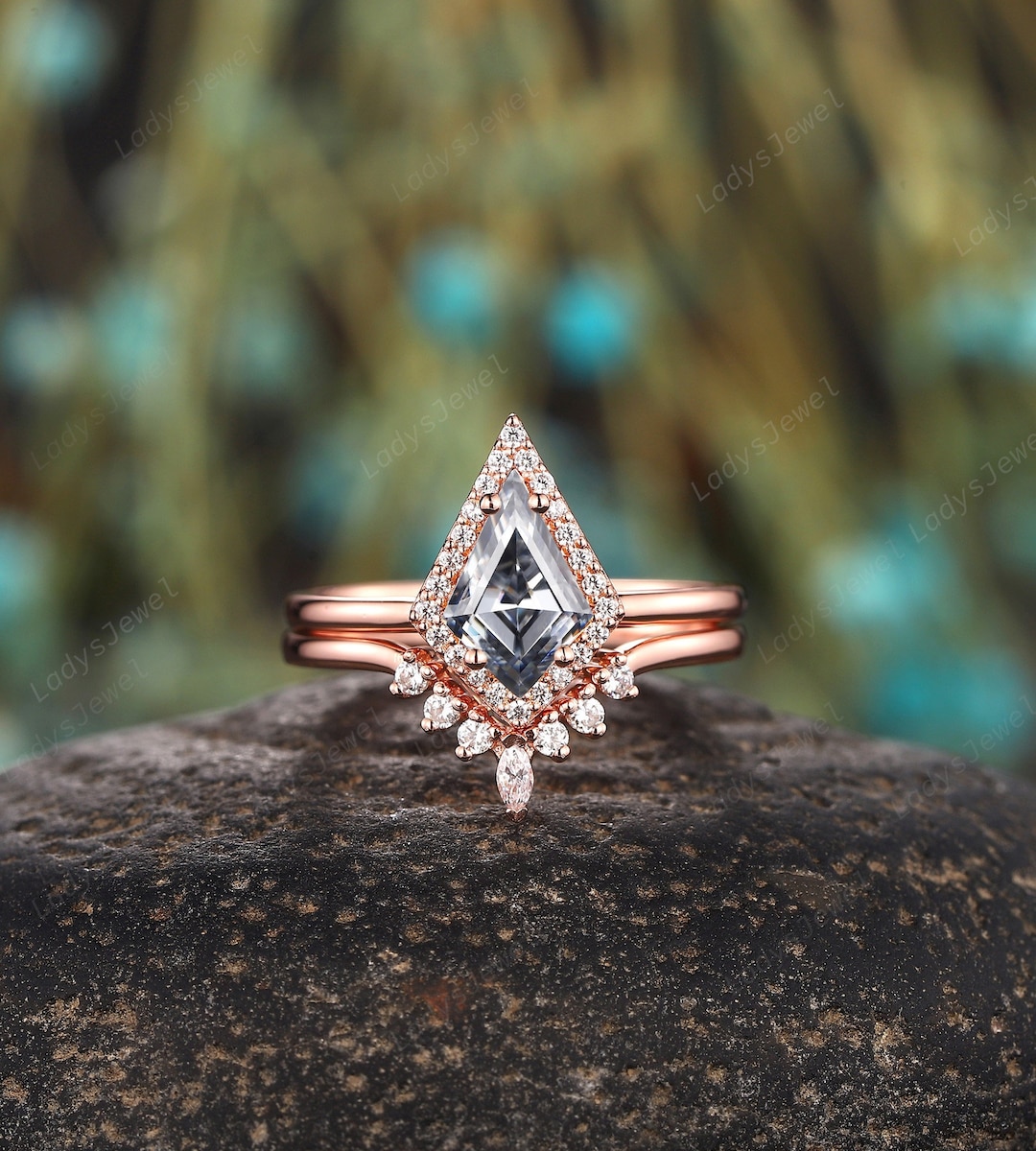 Kite Shape Gray Moissanite Engagement Ring Set, Vintage 14K Rose Gold ...