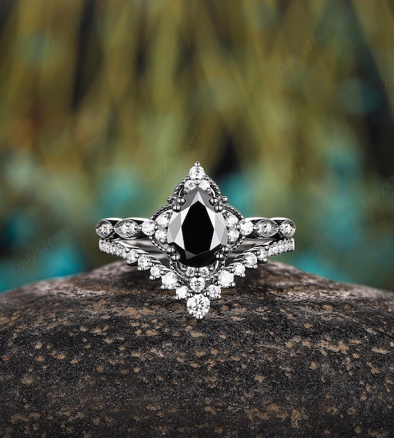 Gothic Pear Black Moissanite and Diamond Engagement Ring Rhodium Black Gold Floral Lotus Bridal Set Vintage Witchy Promise Ring for Women Etsy