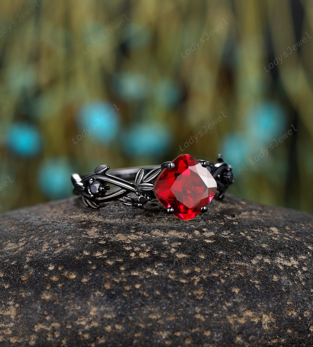 Gothic Black Gold Ruby Engagement Ring, Black Leaf Ring, Cushion Cut ...