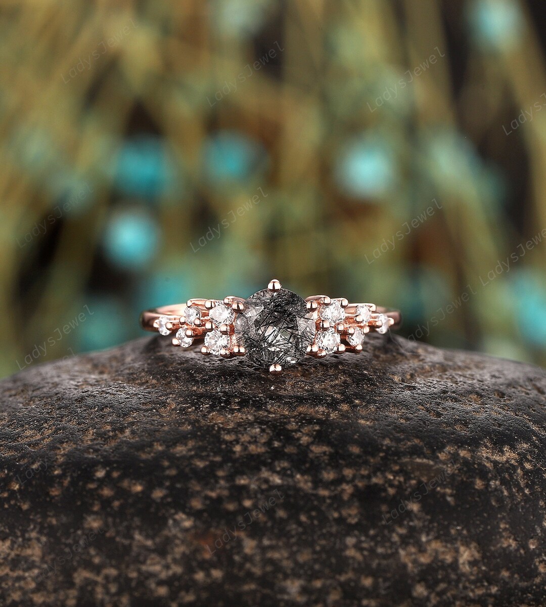 6mm Round Shape Black Rutilated Quartz Engagement Ring, Unique 14K Rose ...