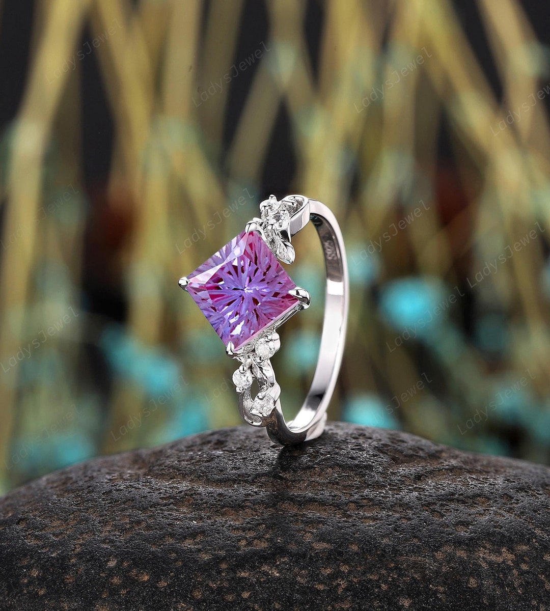 Vintage Firework Cut Alexandrite Engagement Ring, 14K White Gold ...