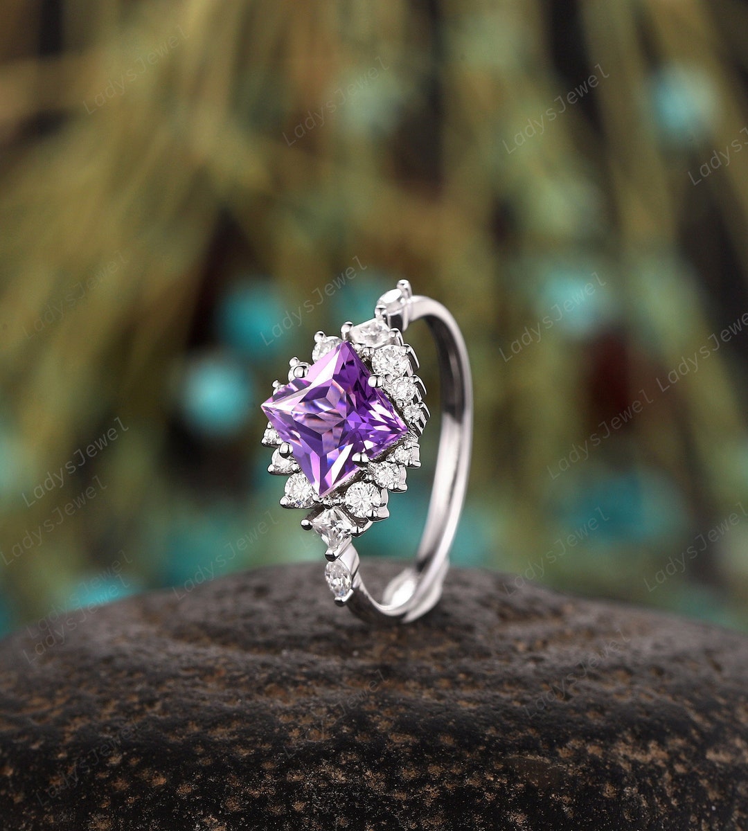 Natural Princess Cut Amethyst Engagement Ring, White Gold Cluster ...