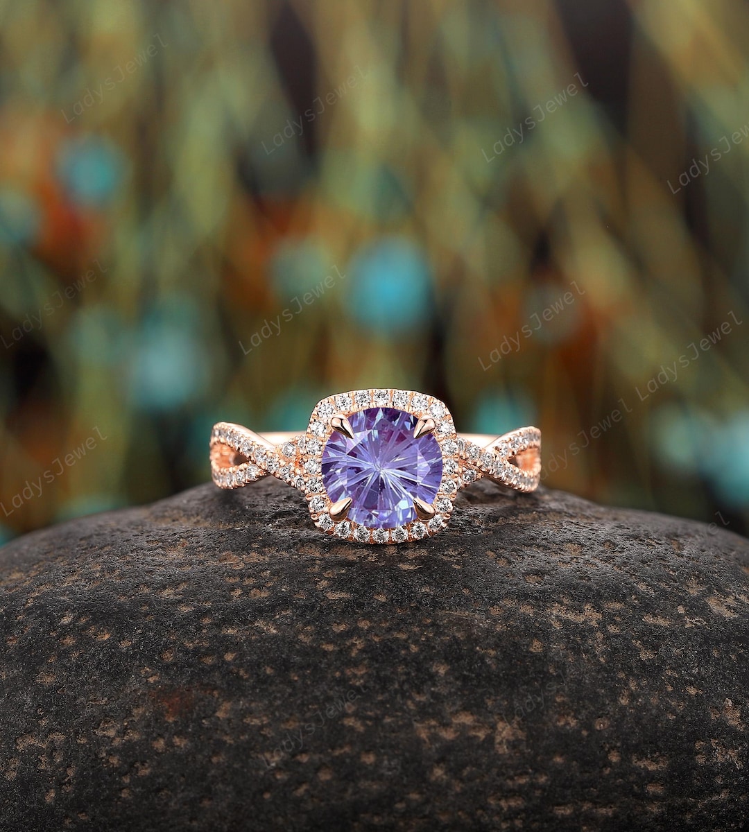 Vintage Firework Cut Alexandrite Halo Engagement Ring 14K Rose Gold ...