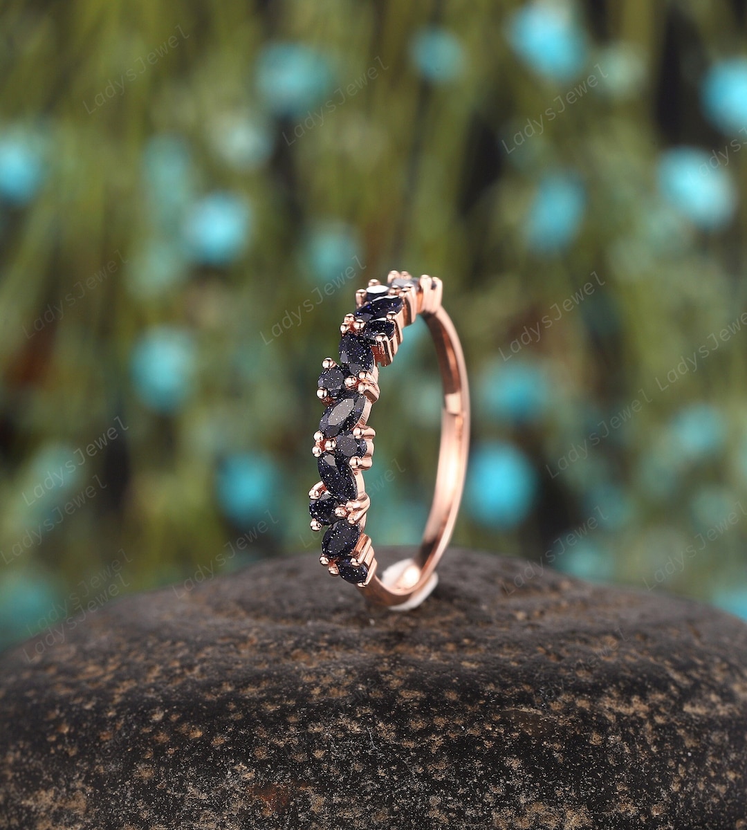 Marquise Blue Sandstone Wedding Band, Silver 925 Half Eternity Star ...