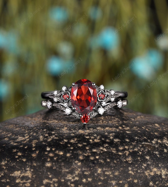 Gothic Red Garnet Engagement Ring Set Rhodium Black Gold Oval Garnet Bridal Set Nature Inspired Floral Witchy Promise Wedding Ring for Her Etsy
