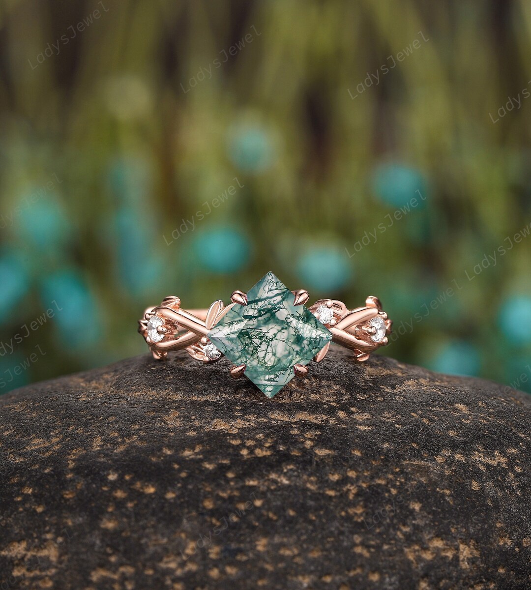 Unique Princess Cut Moss Agate Vine Engagement Ring, Vintage Natural ...