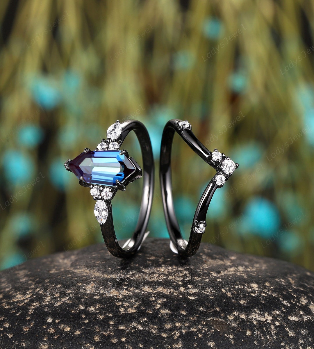 Black Gold Shield Cut Alexandrite Engagement Ring Set, Witchy Rhodium ...