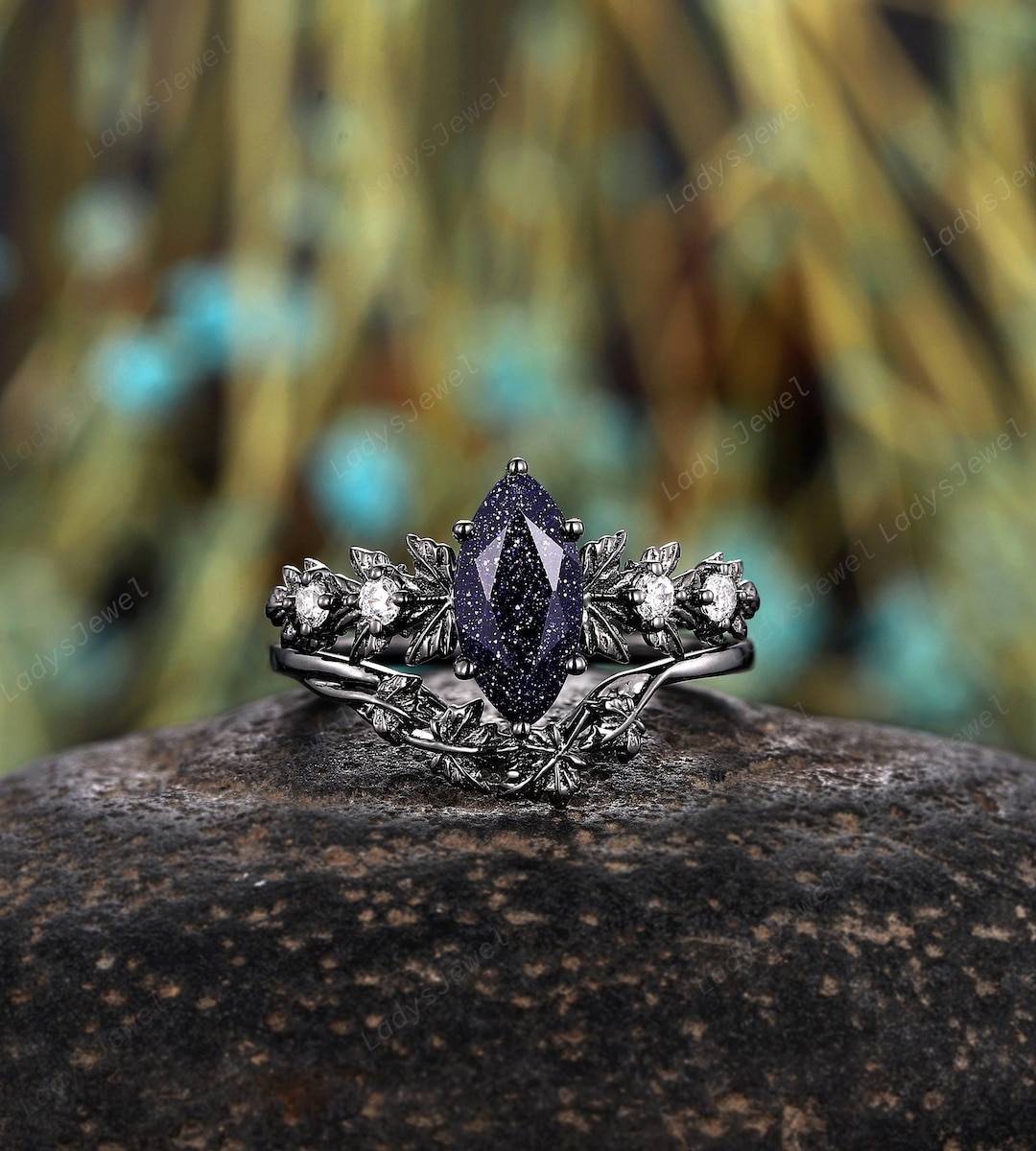 Gothic Marquise Nebula Blue Sandstone Bridal Set 14K Black Gold Blue ...