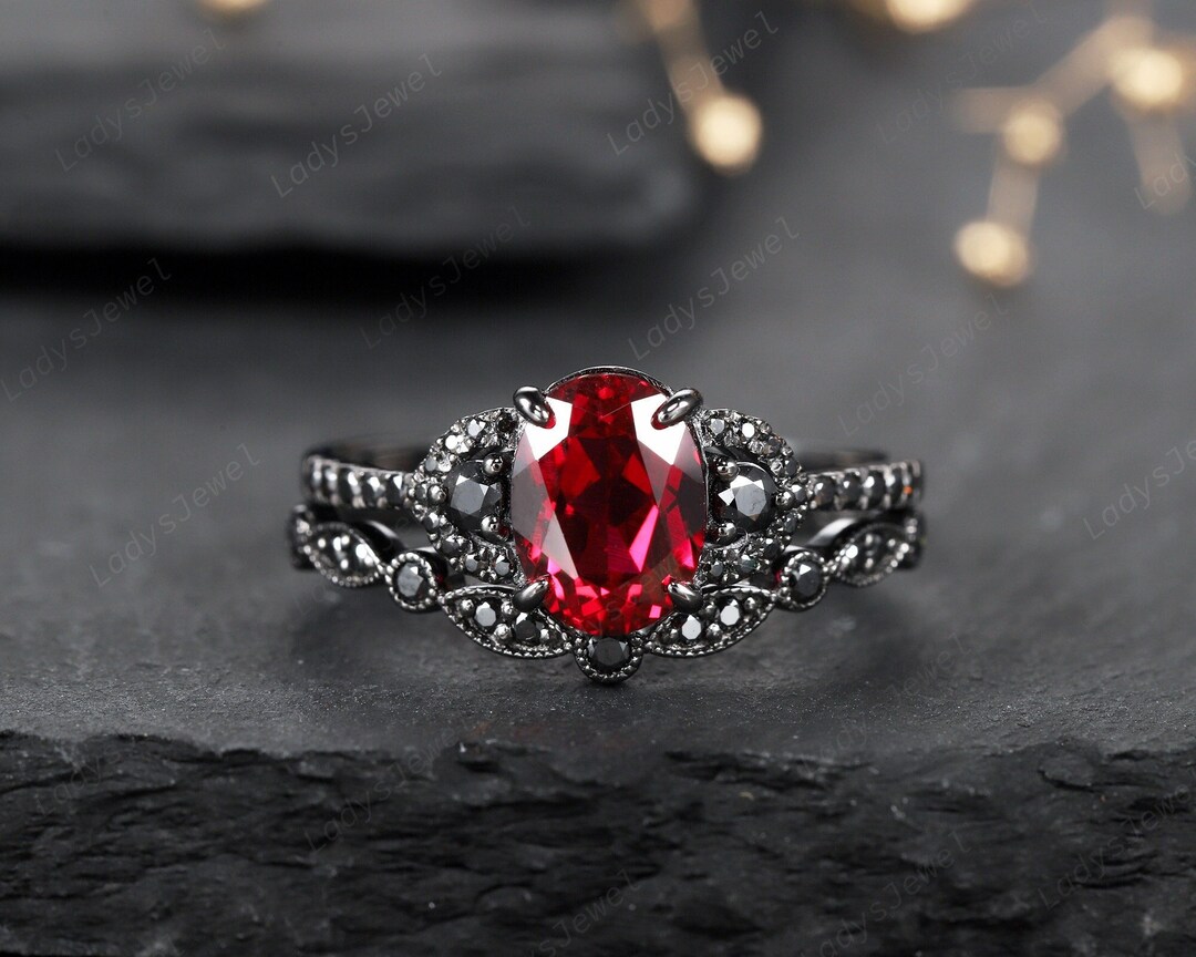 Black Gold Plated Oval Ruby Bridal Set Vintage Black Moissanite July ...
