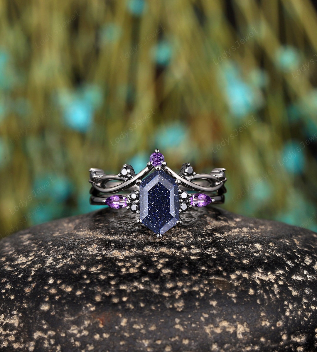 Nebula Blue Sandstone Gothic Bridal Set, Long Hexagon Blue Goldstone ...
