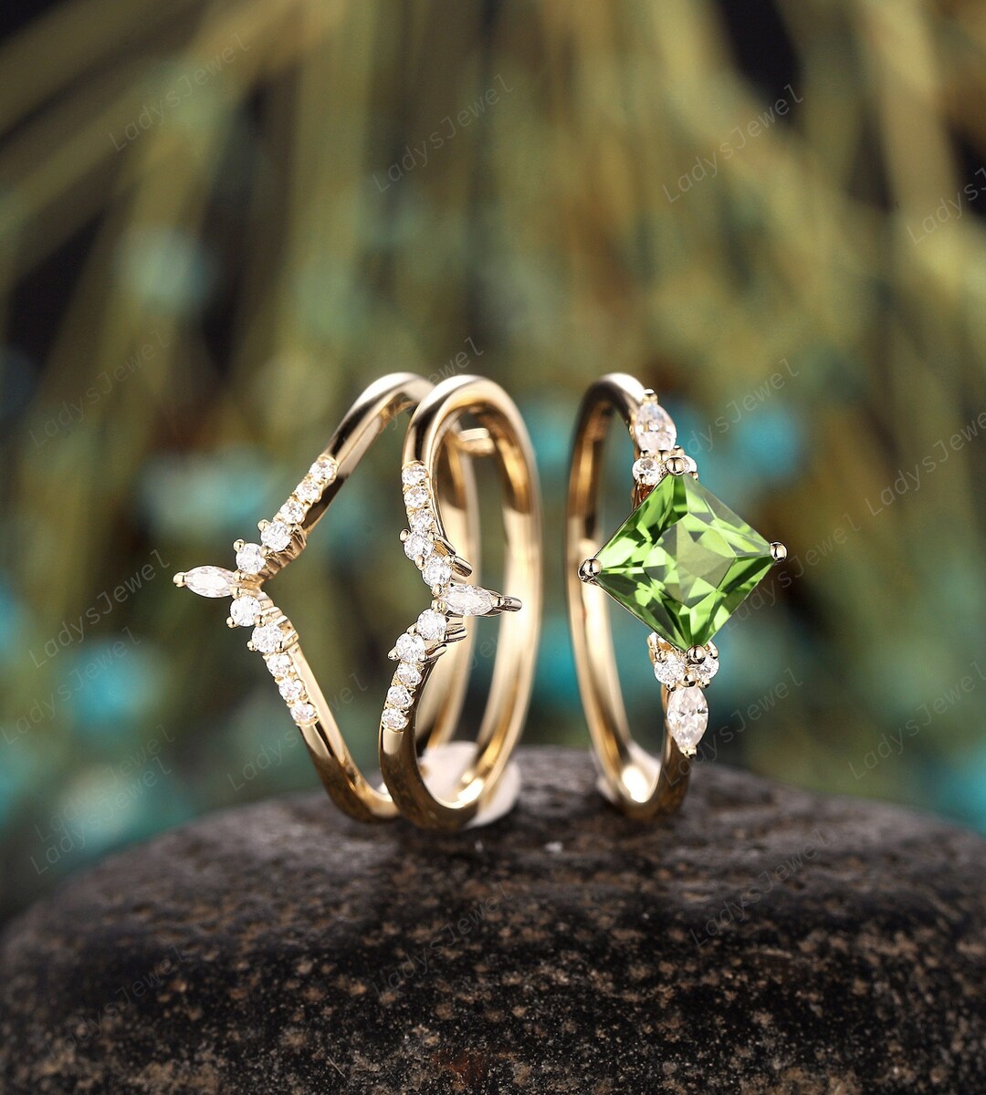 Princess Cut Peridot Wedding Ring With Ring Guard Spacer, 18K Yellow ...