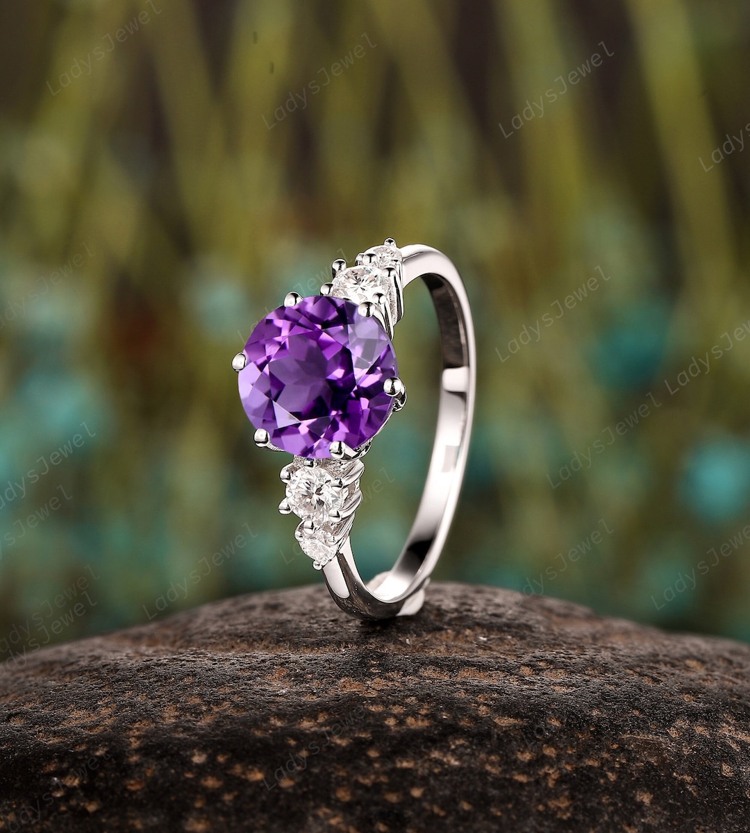 Natural Amethyst and Diamond Engagement Ring 14K White Gold Round Amethyst Promise Ring February ...