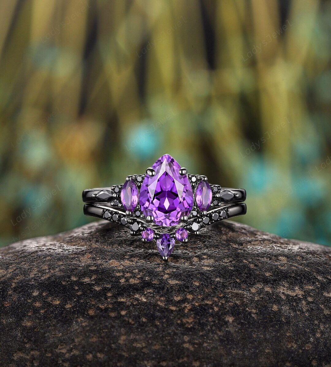 Gothic Pear Cut Purple Sapphire Engagement Ring Set Rhodium Black Gold ...