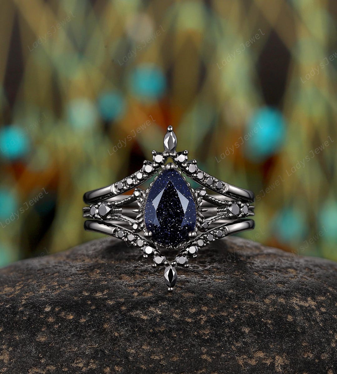 3PCS Pear Cut Nebula Blue Sandstone Split Engagement Ring, Rhodium ...
