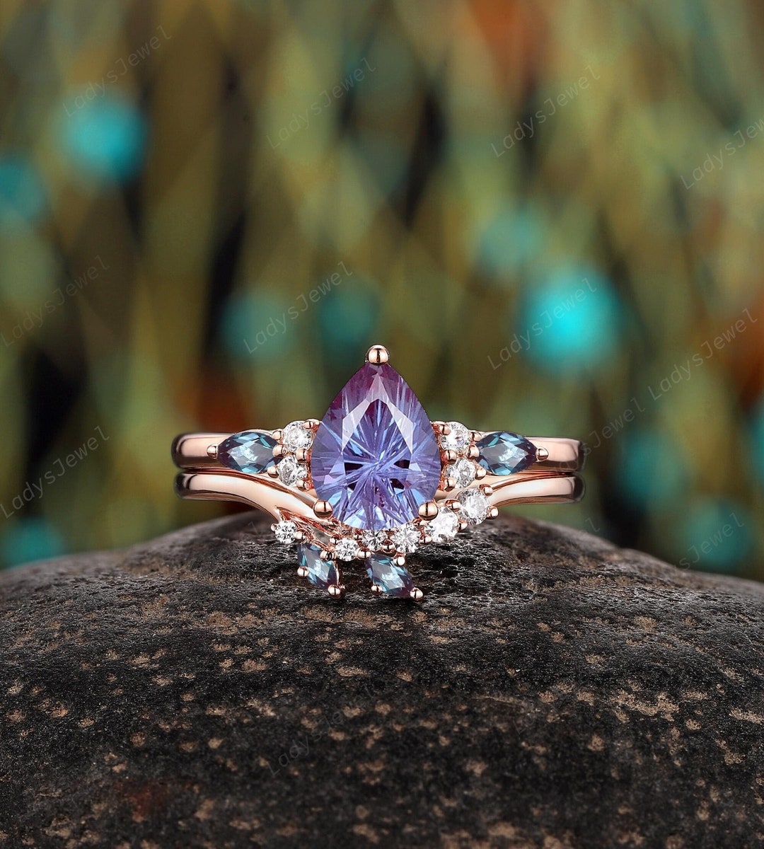 Vintage Firework Cut Alexandrite Bridal Set 14K Rose Gold Pear Shape ...