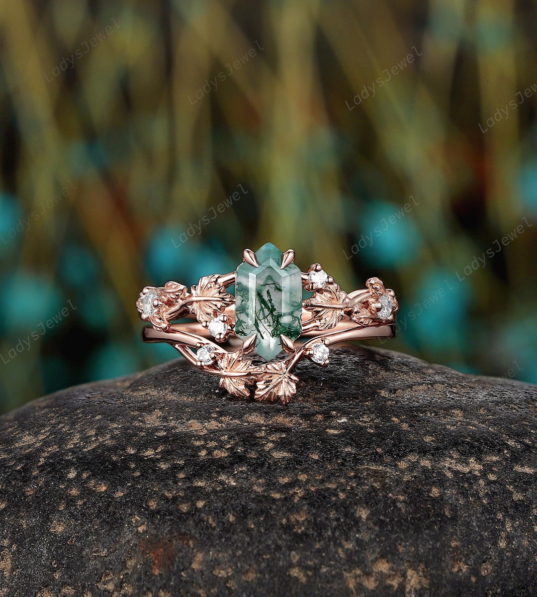 Long Hexagon Cut Moss Agate Engagement Ring Vintage 14K Rose Gold Maple ...