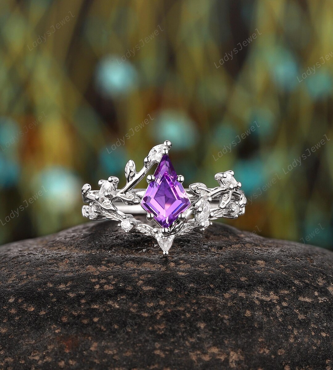 Nature Inspired Kite Cut Amethyst Engagement Ring, 14K White Gold Twig ...