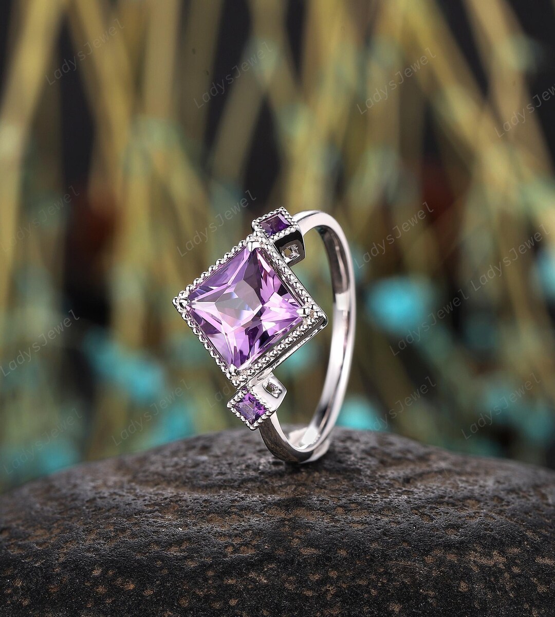 Princess Cut Natural Amethyst Engagement Ring, 14K White Gold Three ...