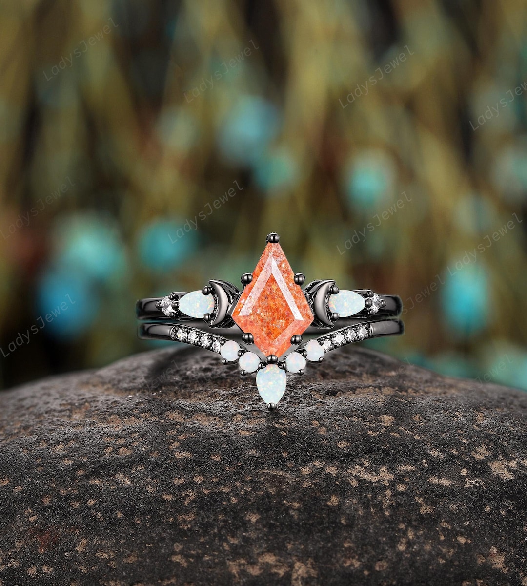 Crescent Kite Cut Sunstone Engagement Ring Set Rhodium Black Gold White ...