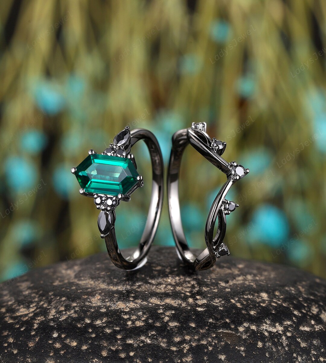 Black Gold Plated Oval Emerald Bridal Set, Vintage Black Moissanite May ...