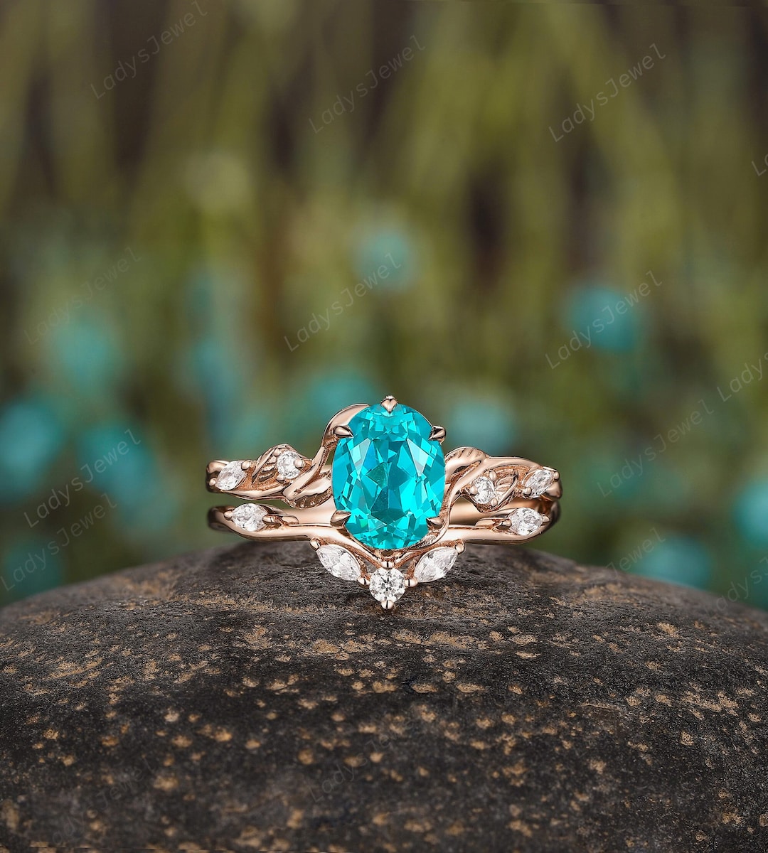 Oval Shape Neon Blue Tourmaline Bridal Set, Bluish Green Paraiba ...