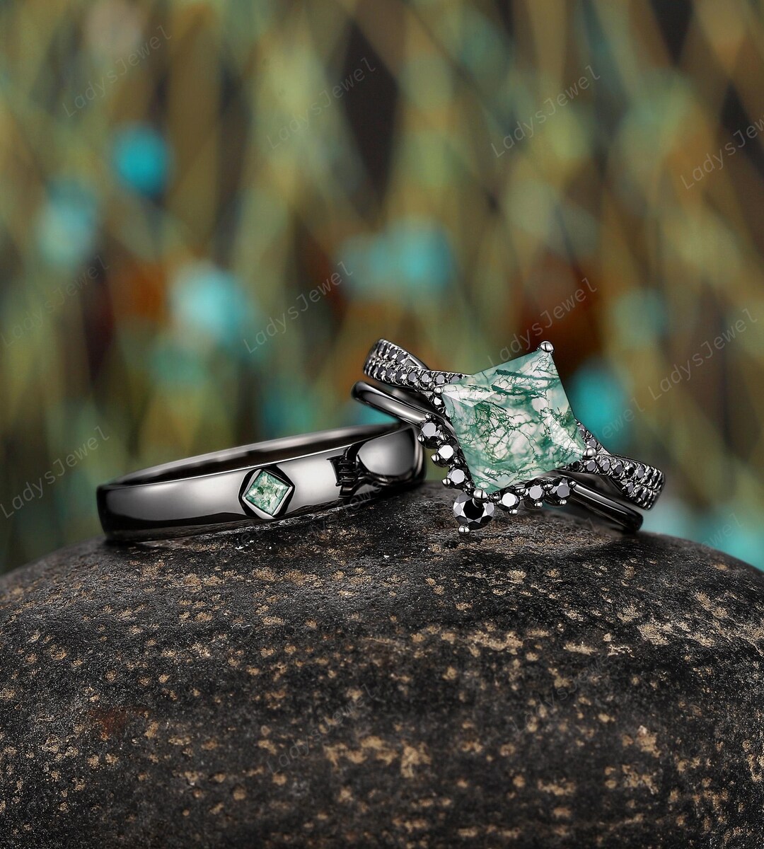 Princess Cut Moss Agate Couple Rings Nature Inspired His and Hers ...