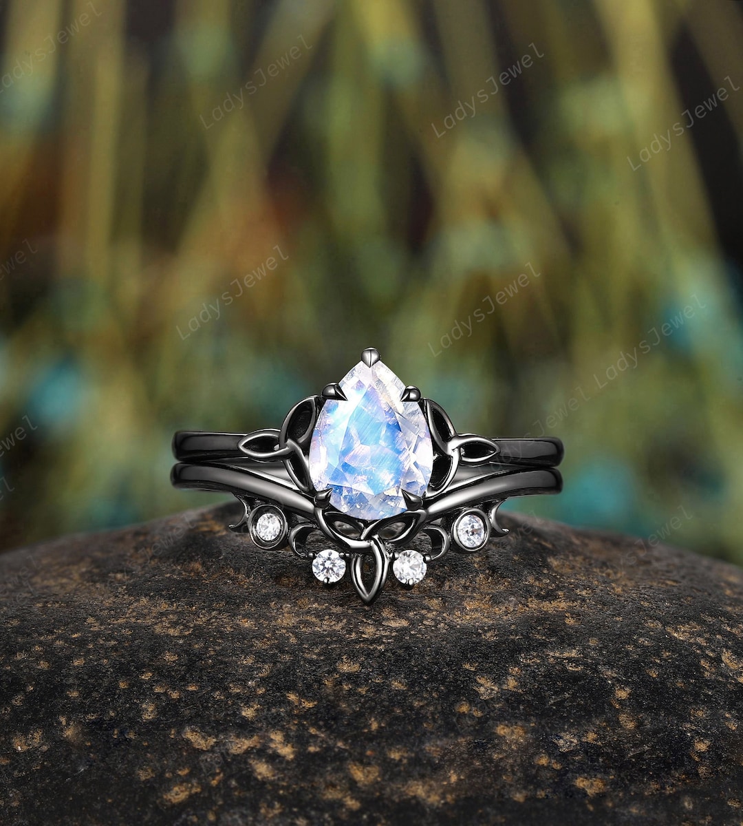 Celtic Pear Cut Moonstone Gothic Bridal Set, Rhodium Black Gold June ...