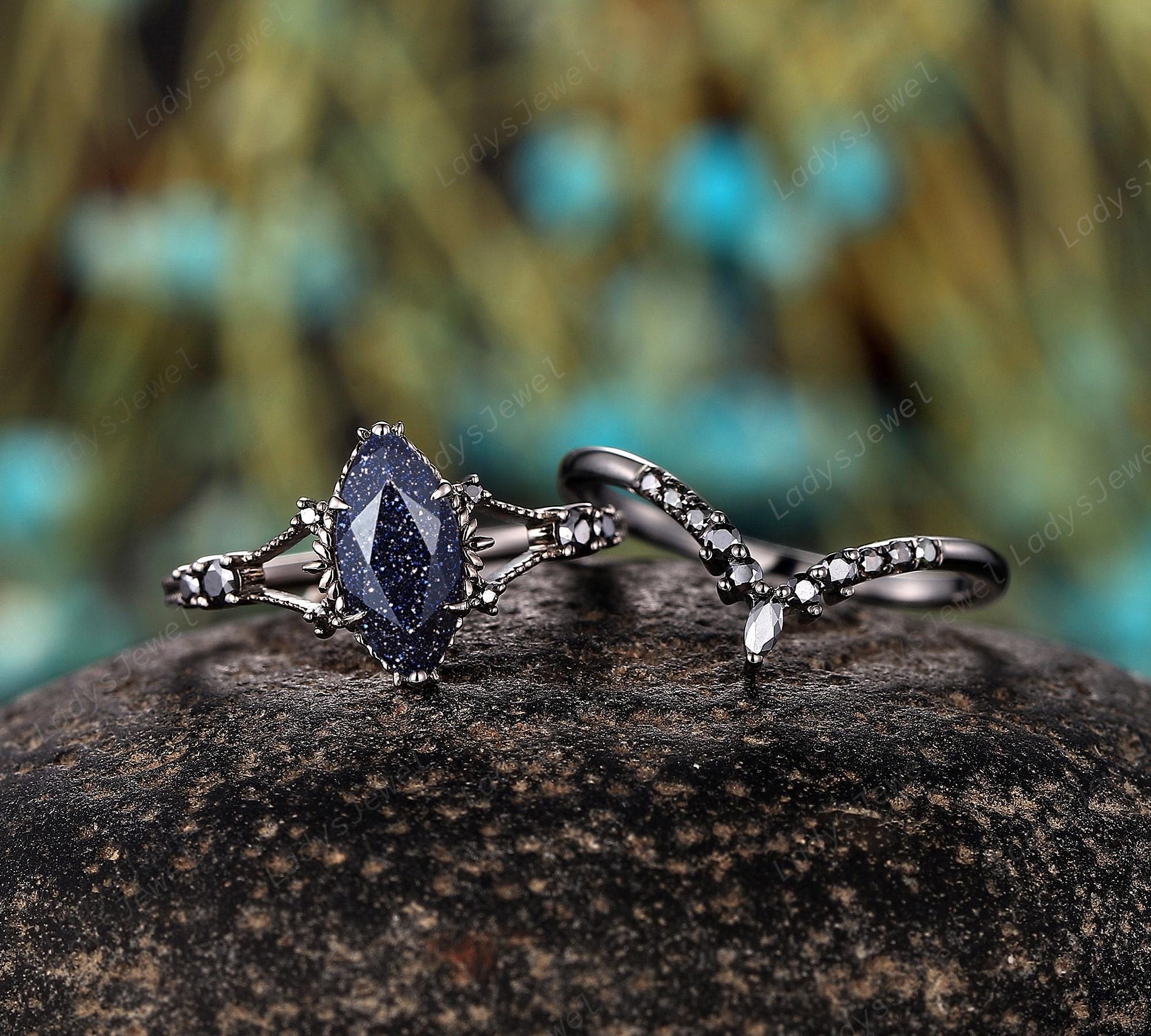 Orion Nebula Blue Sandstone Engagement Ring 14K Black Gold Marquise Cut ...