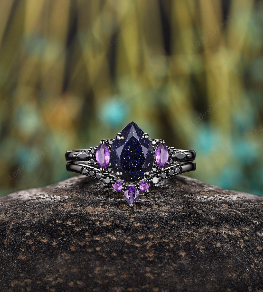 Gothic Orion Nebula Blue Sandstone Bridal Set, Rhodium Black Gold Pear ...