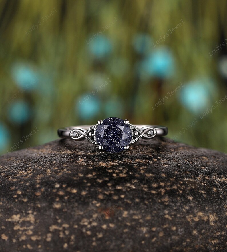 Gothic Nebula Blue Sandstone Engagement Ring Rhodium Black Gold Round ...