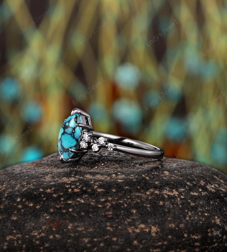Gothic Marquise Cut Natural Turquoise Engagement Ring Rhodium Black ...
