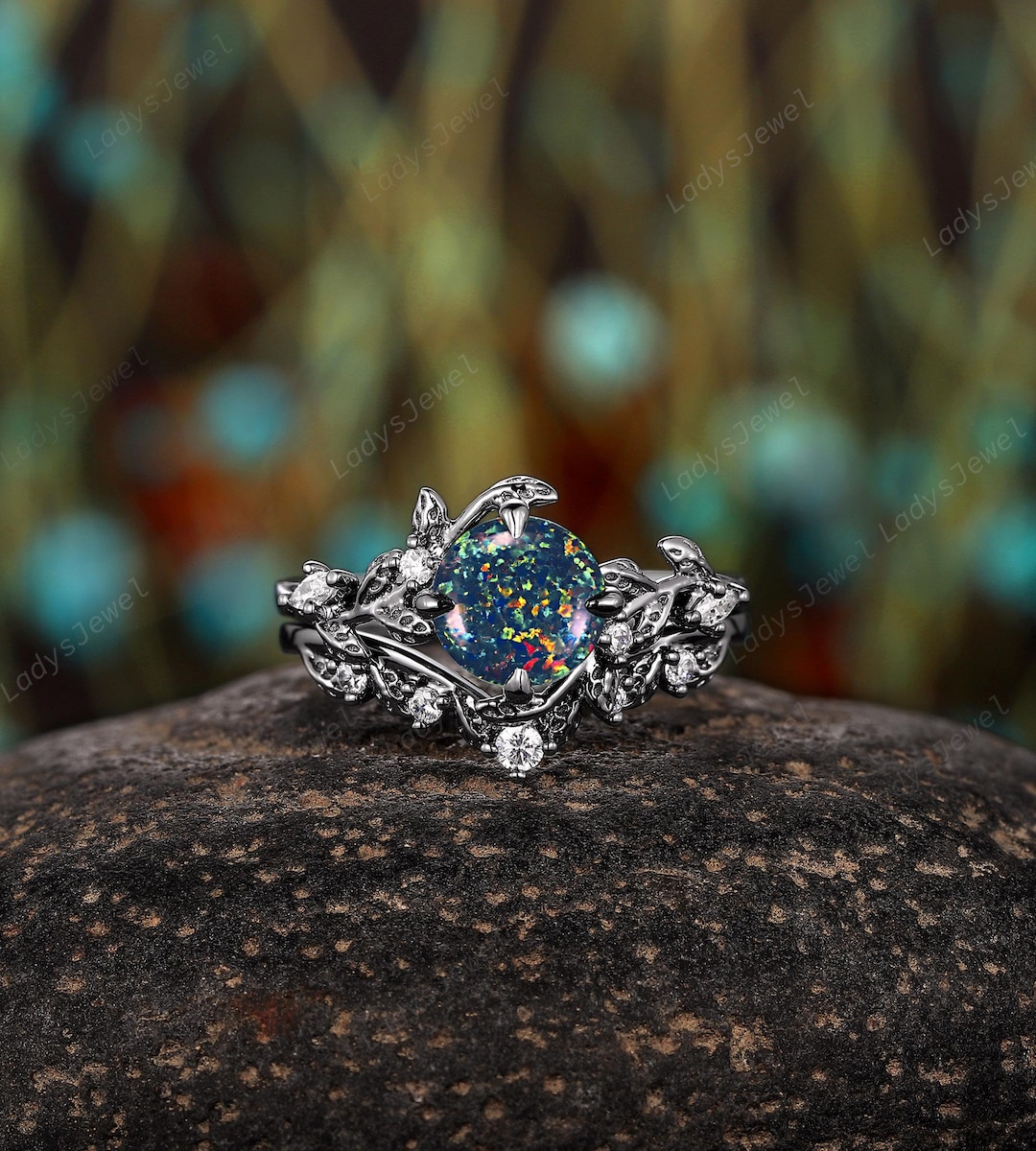 Round Cut Black Opal Engagement Ring Set 14K Black Gold Leaf Branch ...