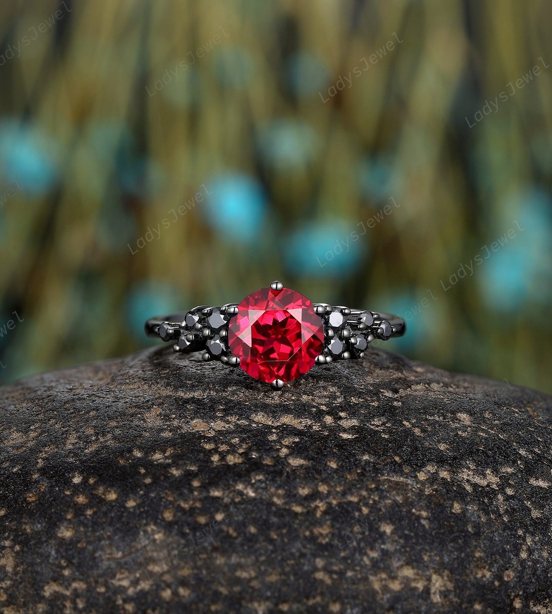 Gothic Black Gold Ruby Engagement Ring, Black Cluster Wedding Ring ...