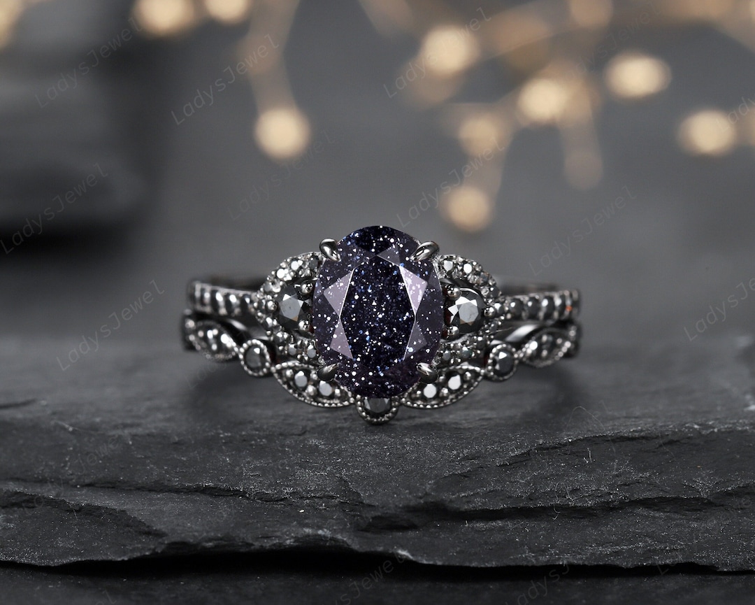Oval Cut Nebula Blue Sandstone Engagement Ring Set Gothic Black ...